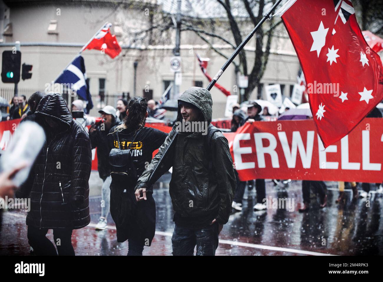 An aerial view of people in a freedom protest in Melbourne Stock Photo ...