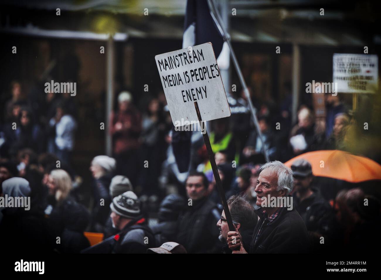 An aerial view of carrying signs in a freedom protest in Melbourne ...