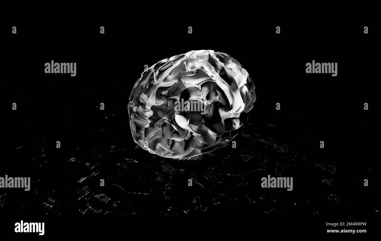 Black background. Motion.A silvery illuminated silhouette of the brain ...