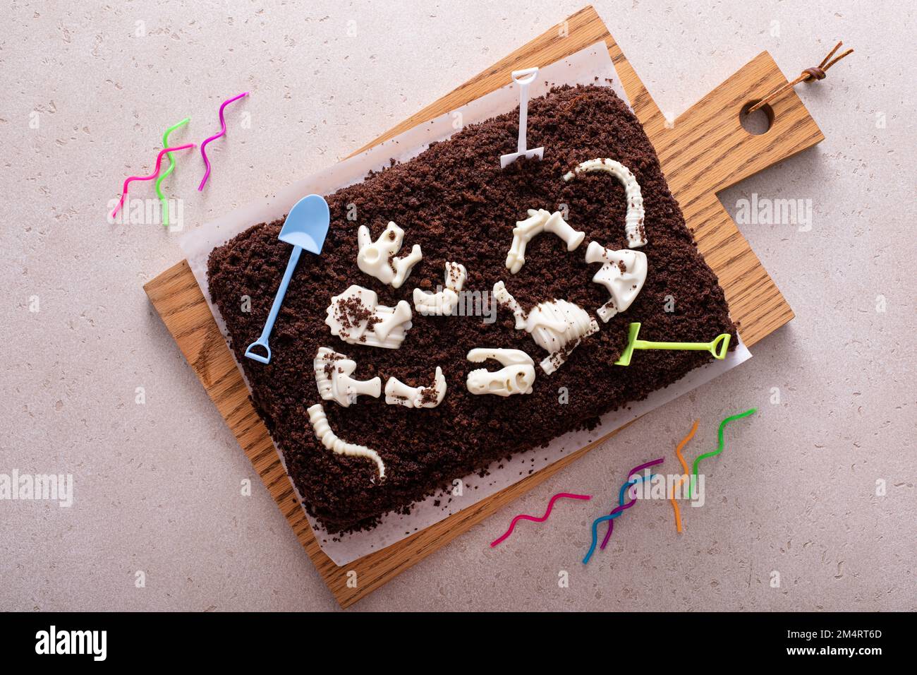 Chocolate cake with dinosaur bones for a child birthday, themed birthdy ...