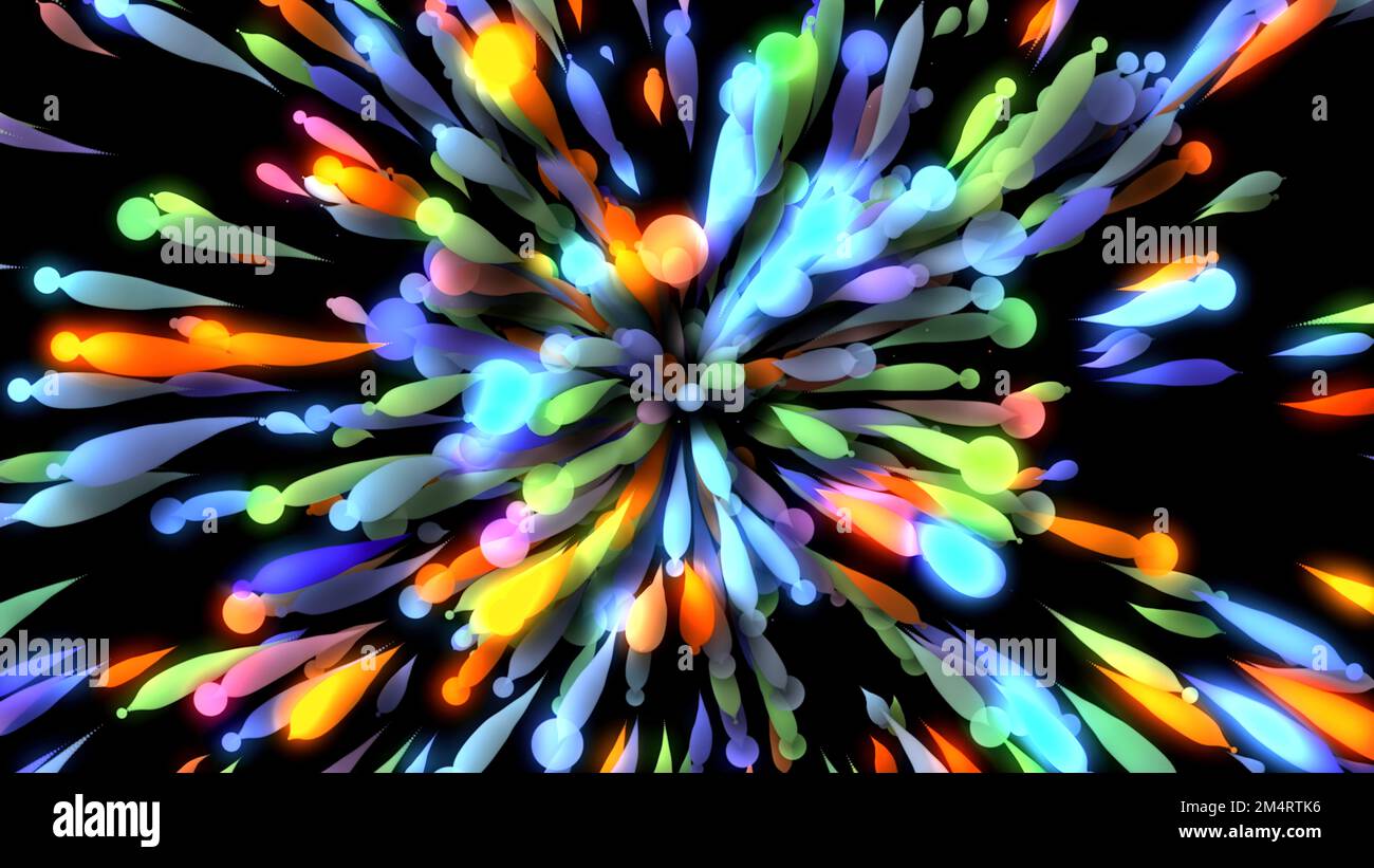 Black background. Motion . Bright flying multicolored three ...