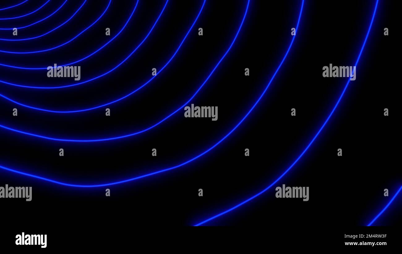 Abstract fluctuating neon blue bending stripes on a black background ...