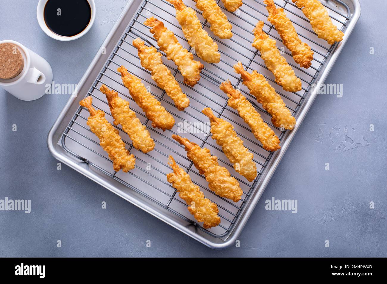 Tempura shrimp just cooked on a cooling rack ready to be served Stock ...