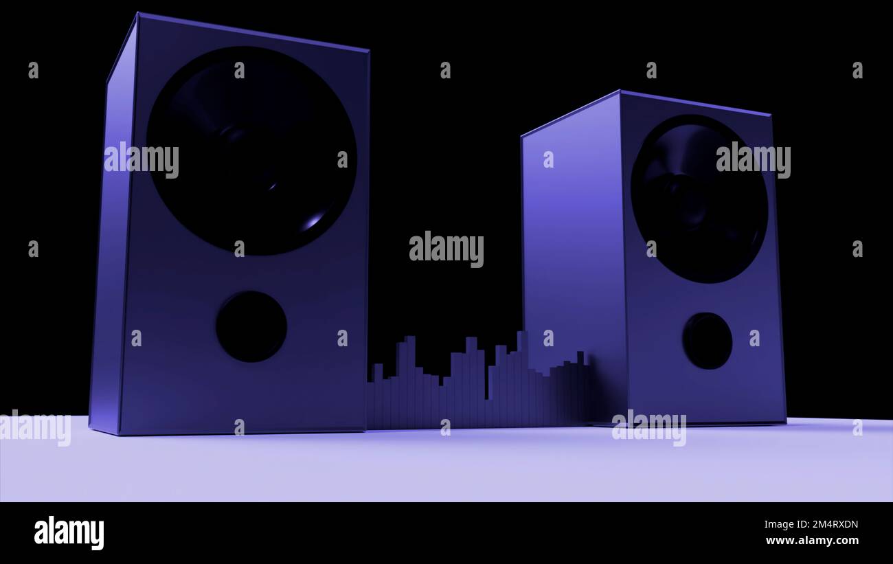 Abstract loudspeakers playing music loud isolated on a black background ...