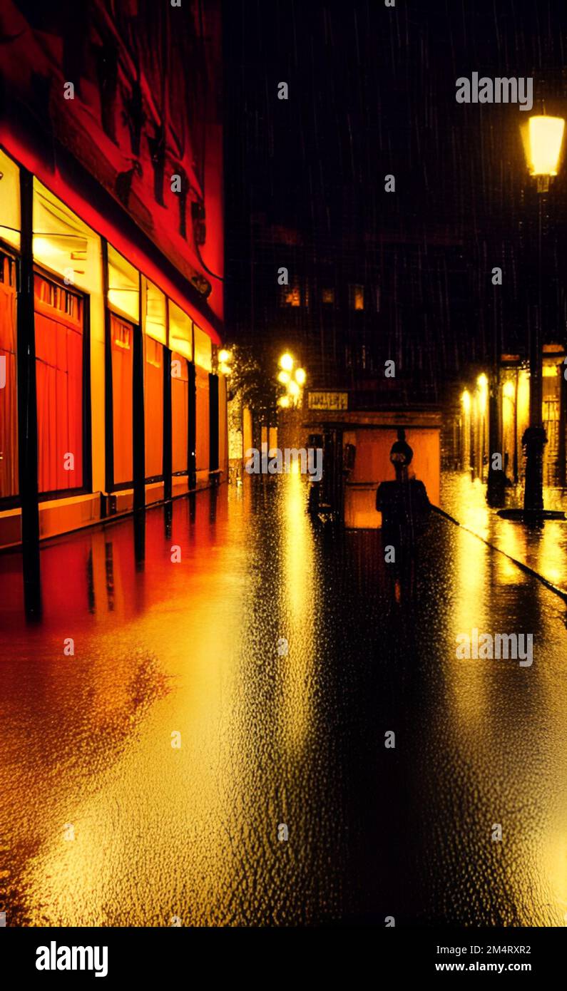 A vertical shot of a narrow street with cafes and shops at a rainy ...