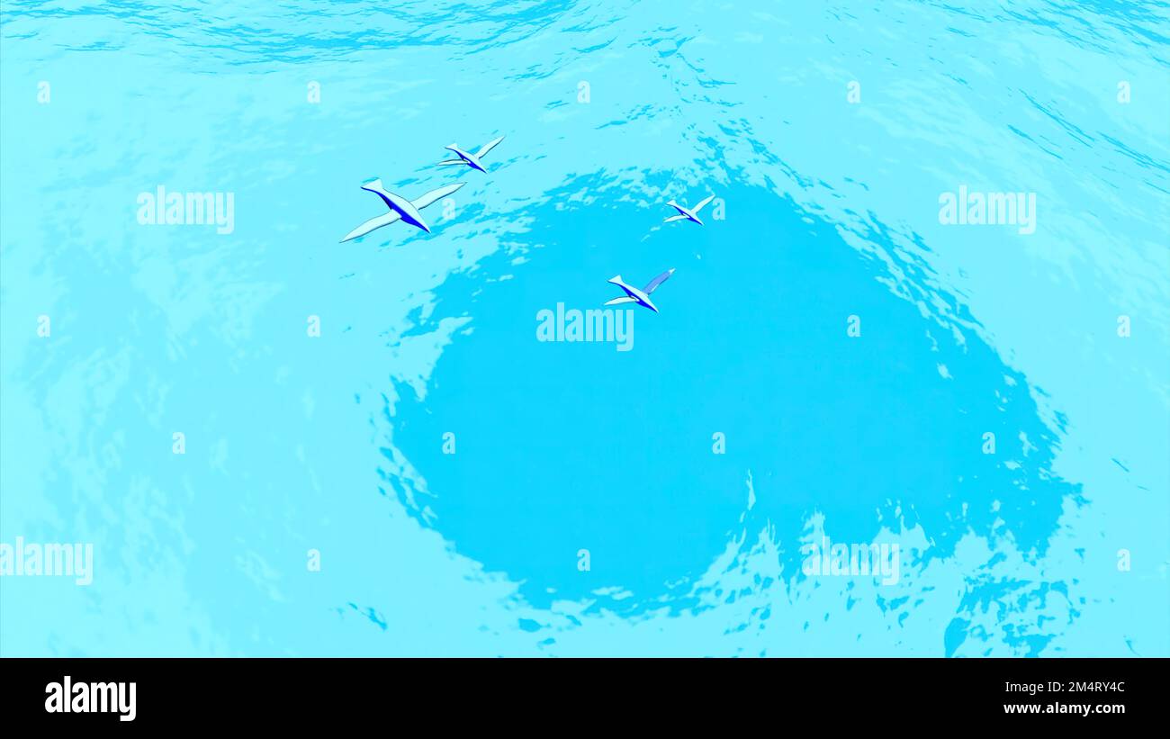 3D animation with birds flying over sea. Design. Top view of birds ...
