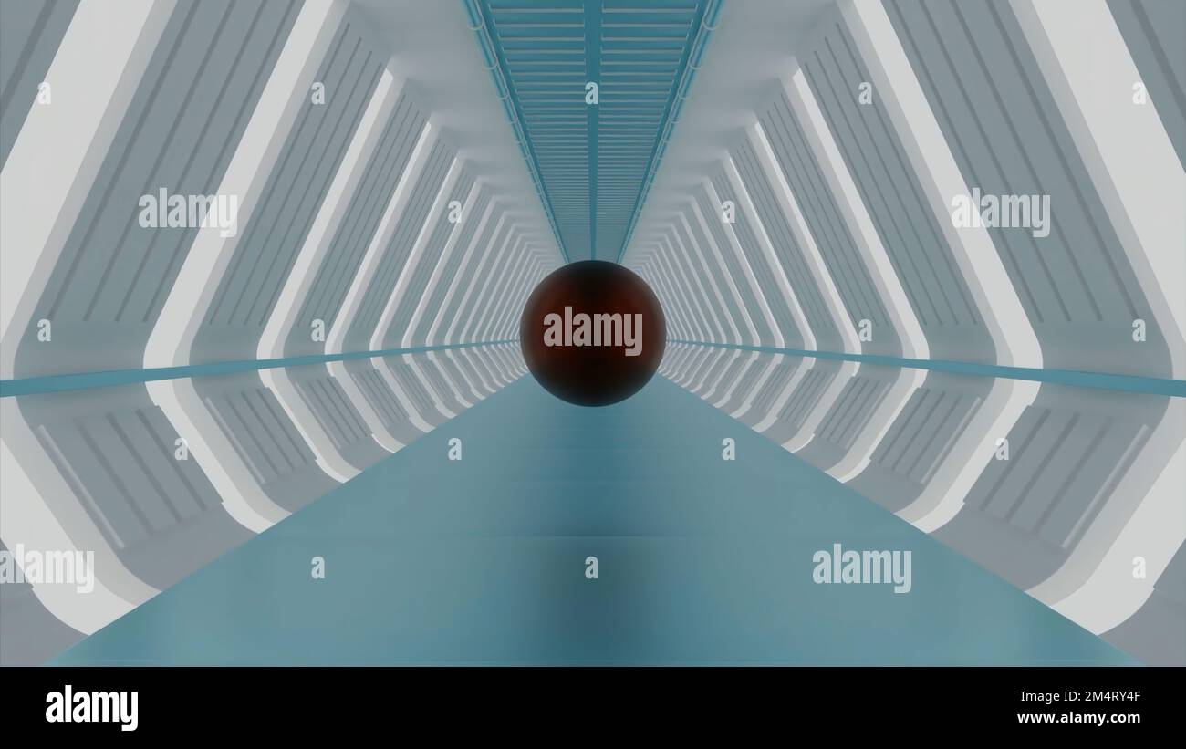 3D tunnel in futuristic style with ball. Design. Black ball is moving ...