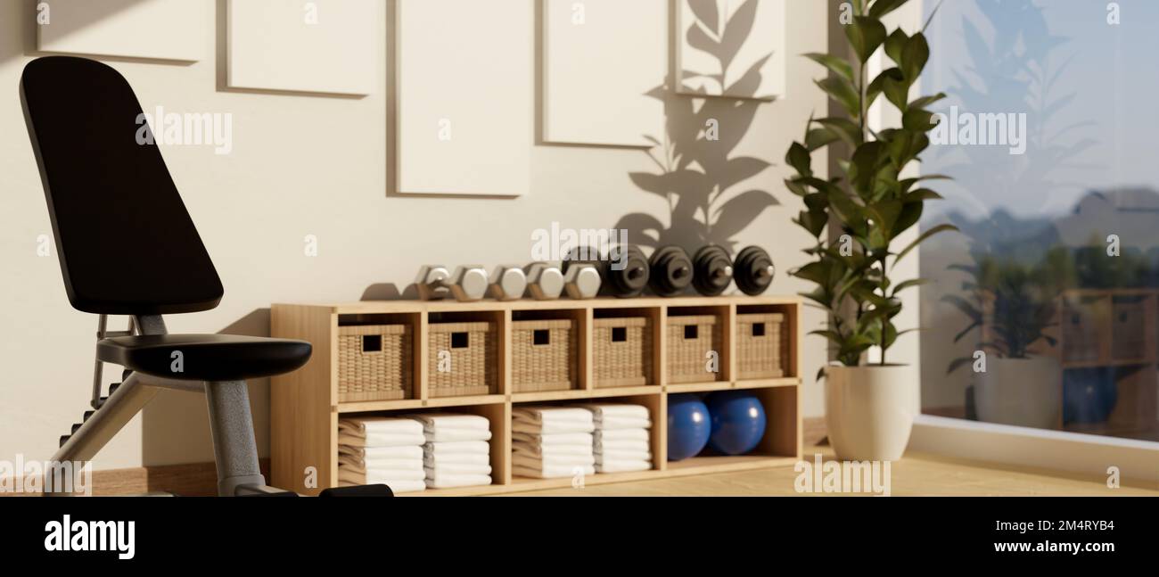 Minimal and comfortable home exercise room with sport bench, dumbbells ...