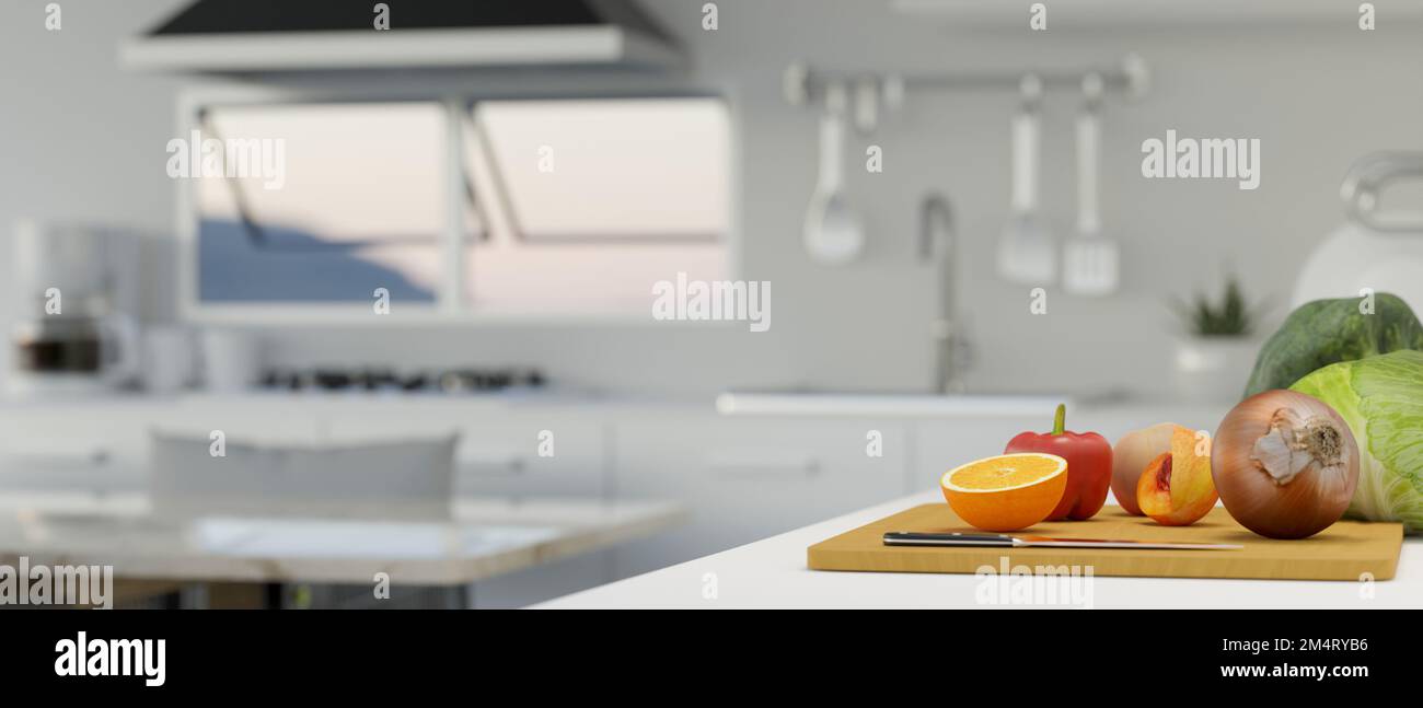 close-up image, Fresh fruits and vegetables on a kitchen countertop in ...