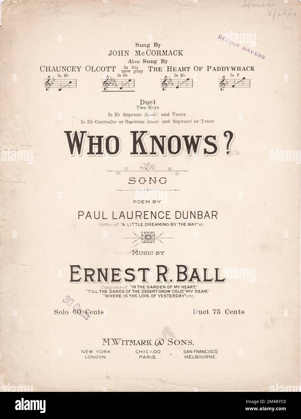 Who Kows?, 1908 African American Composed Sheet Music Stock Photo - Alamy