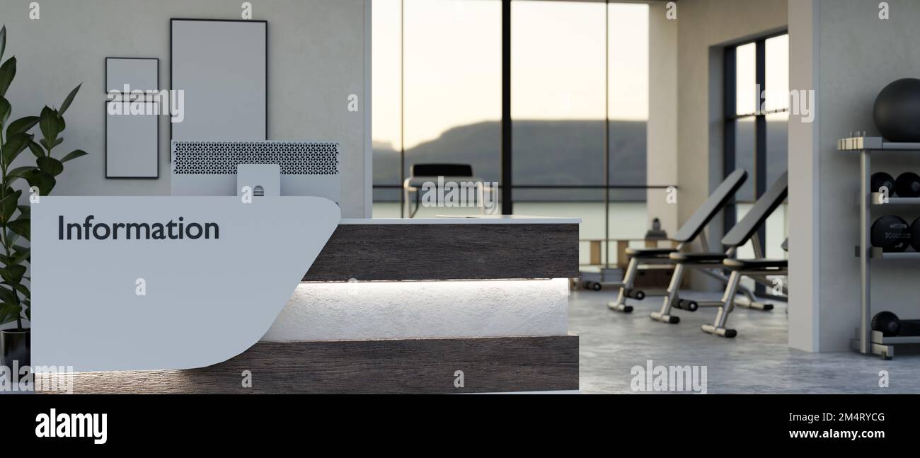 Modern fitness gym center information lobby interior design with lobby ...