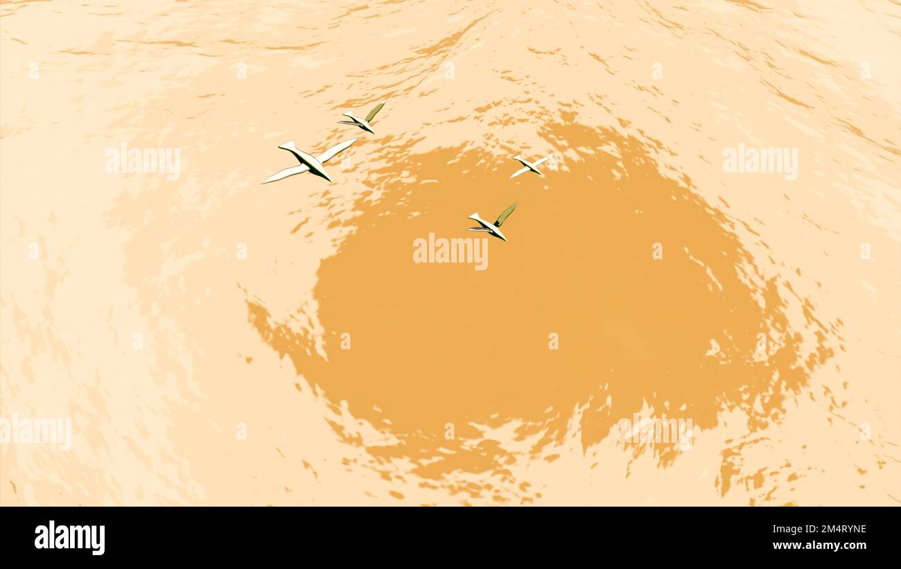 Abstract silhouettes of flying birds above yellow lake. Design ...