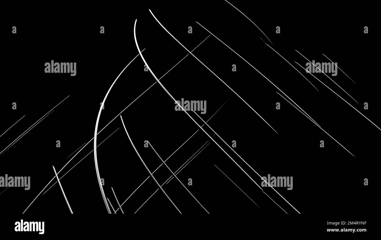 Abstract moving and curving narrow fibers on a black background. Design ...