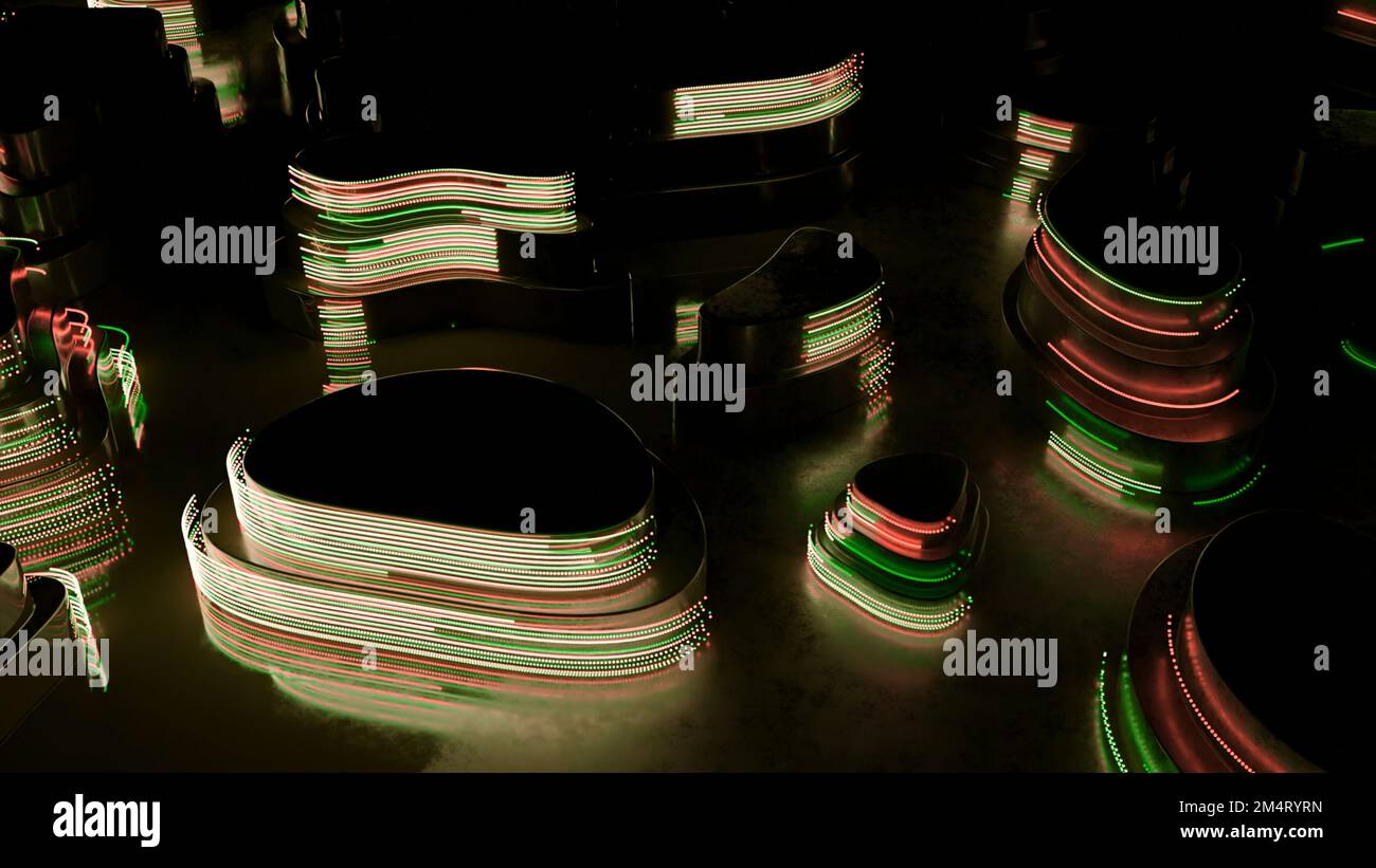 Oval 3d shapes on surface. Design. Dark 3d shapes on surface with neon ...