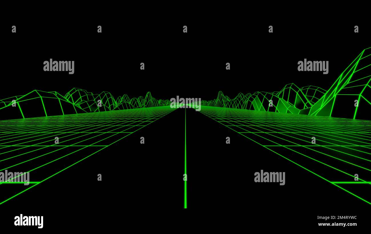 Retro futuristic synthwave grid background with hills on a black ...
