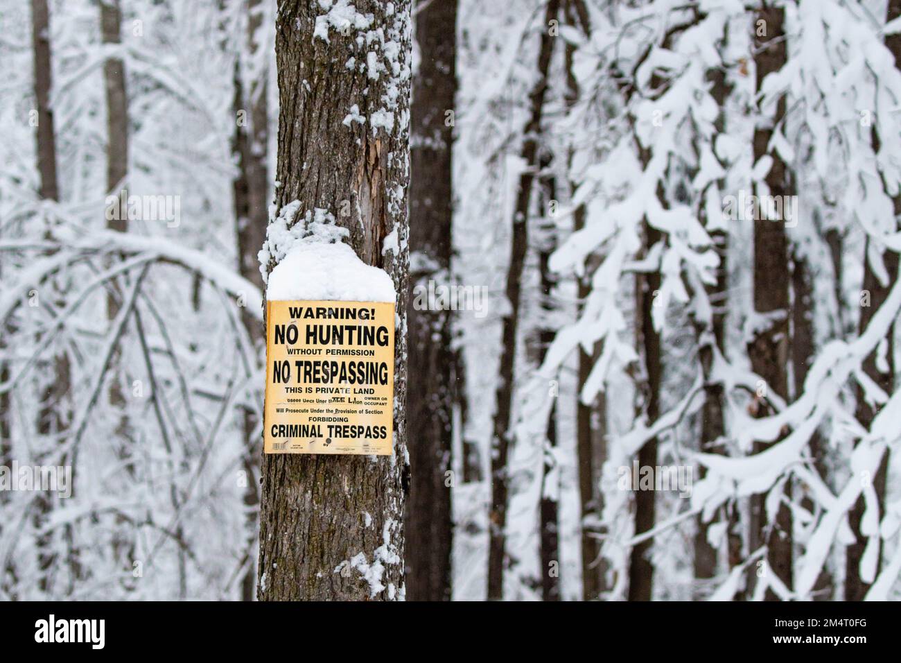 No hunting, no trespassing sign on a snowy tree in Wisconsin Stock ...