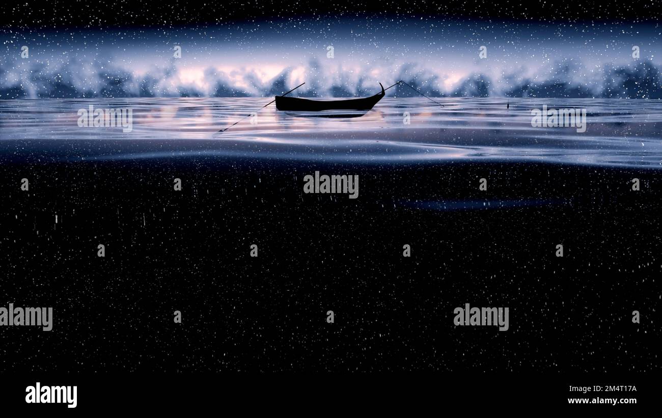 Beautiful boat fantasy in the ocean, night stars reflected in dark ...