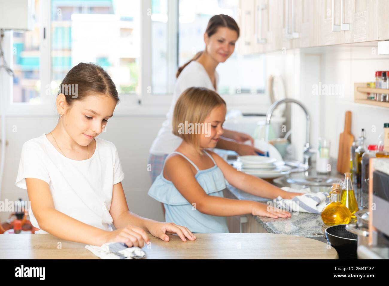 Family working at kitchen, girl cleaning table Stock Photo - Alamy