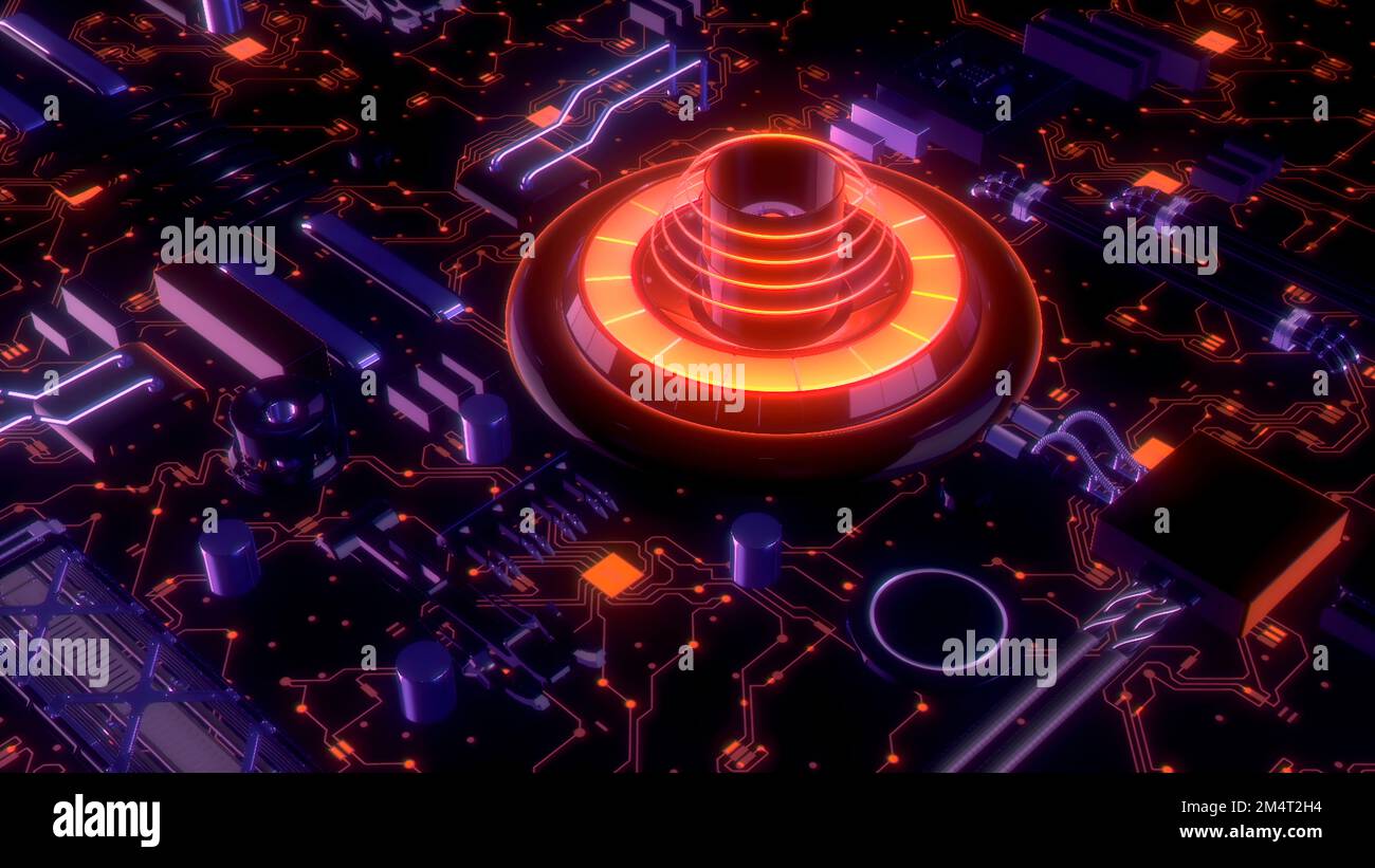 Beautiful 3d animation of the motherboard with light signals. Motion. Colorful circuit board ...