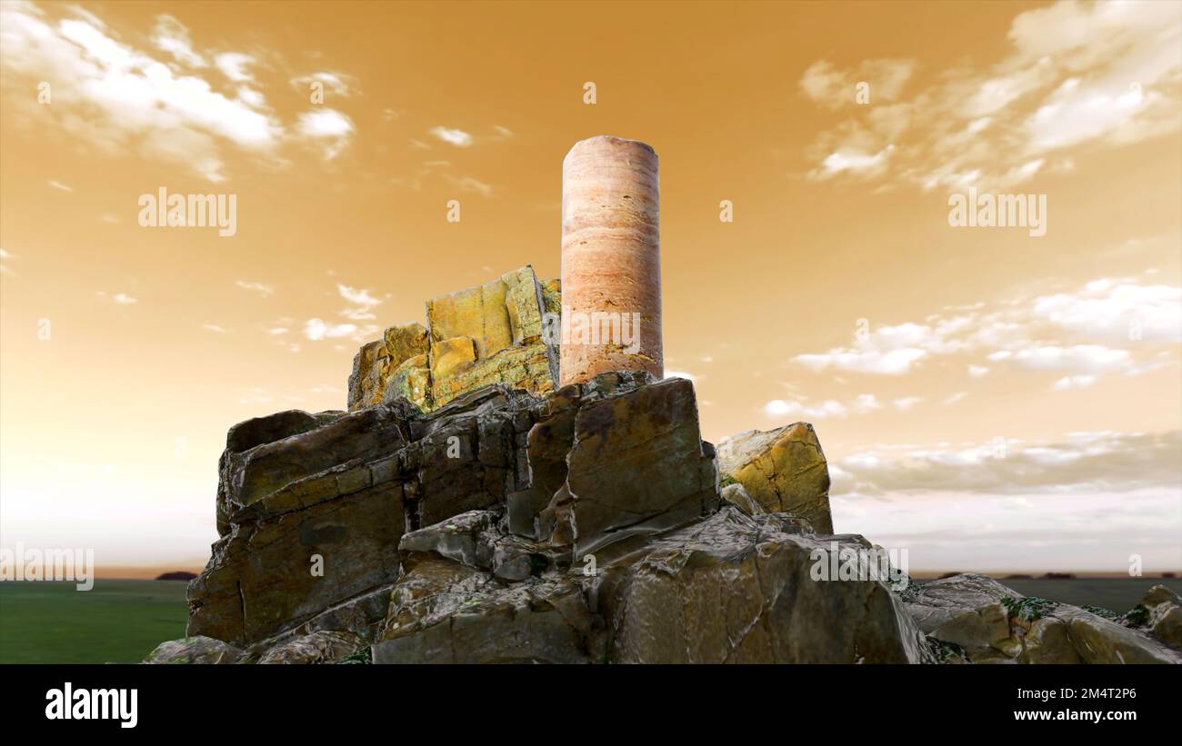 Huge blockages of voluminous stones against a background of blue and ...