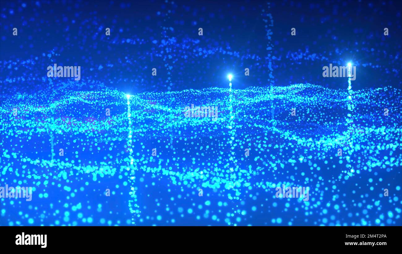 Cinematic blue moving particles with flying shapes. Motion. Universe ...