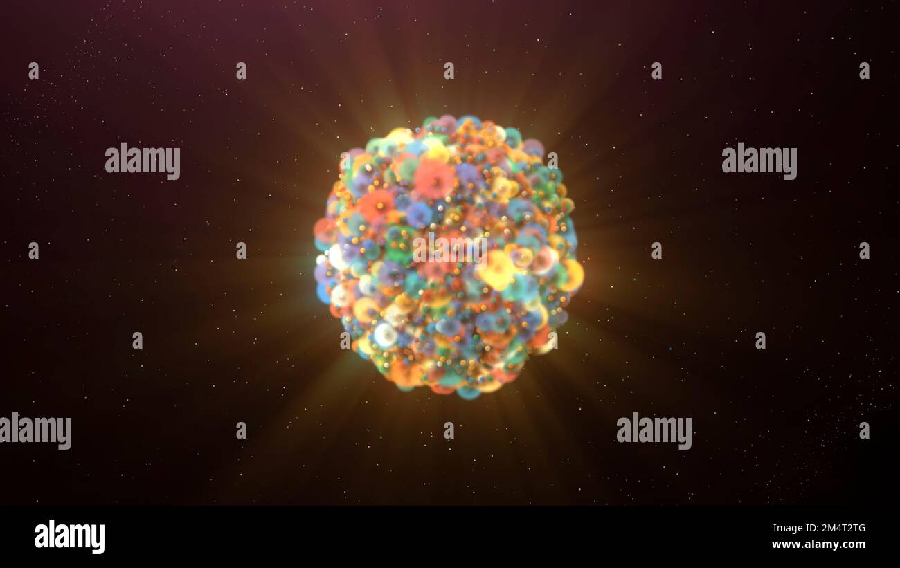 Round spherical object of many small glowing particles. Motion ...