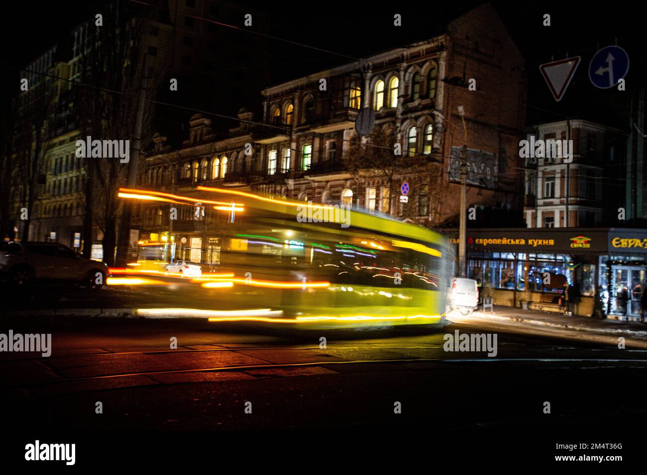 Kiev in blackouts winter 2022-2023, still beautiful. Bus turns to ...