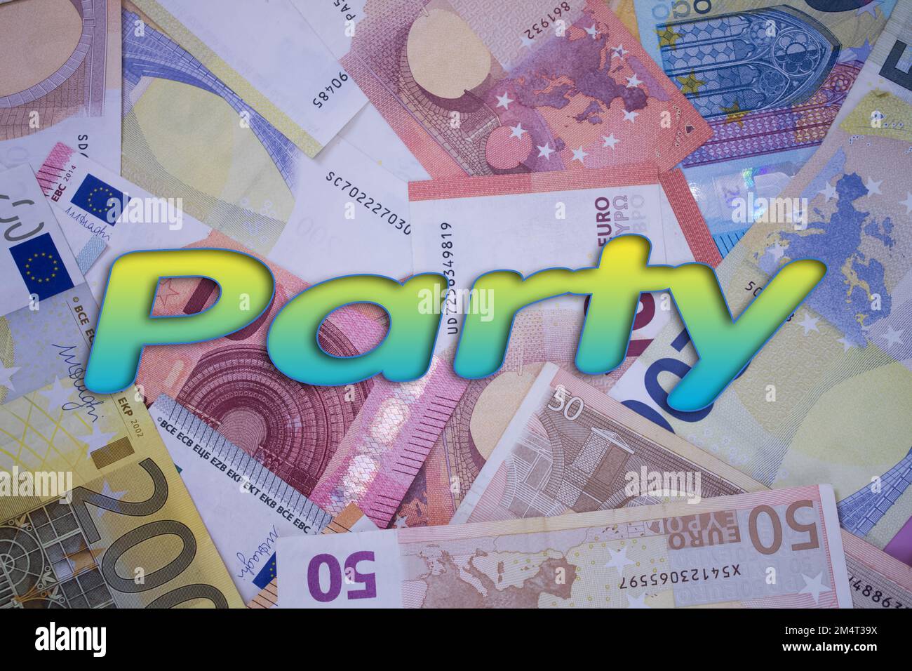 Party word with money. Paper currency background with different ...