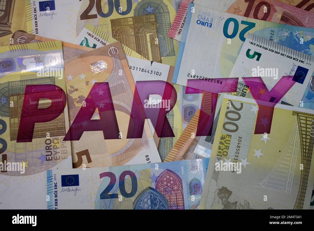 Party word with money. Paper currency background with different ...