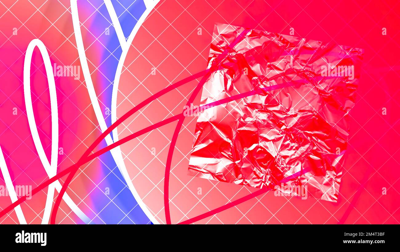 Crumpled square shaped paper sheet inside red circle with bending lines ...