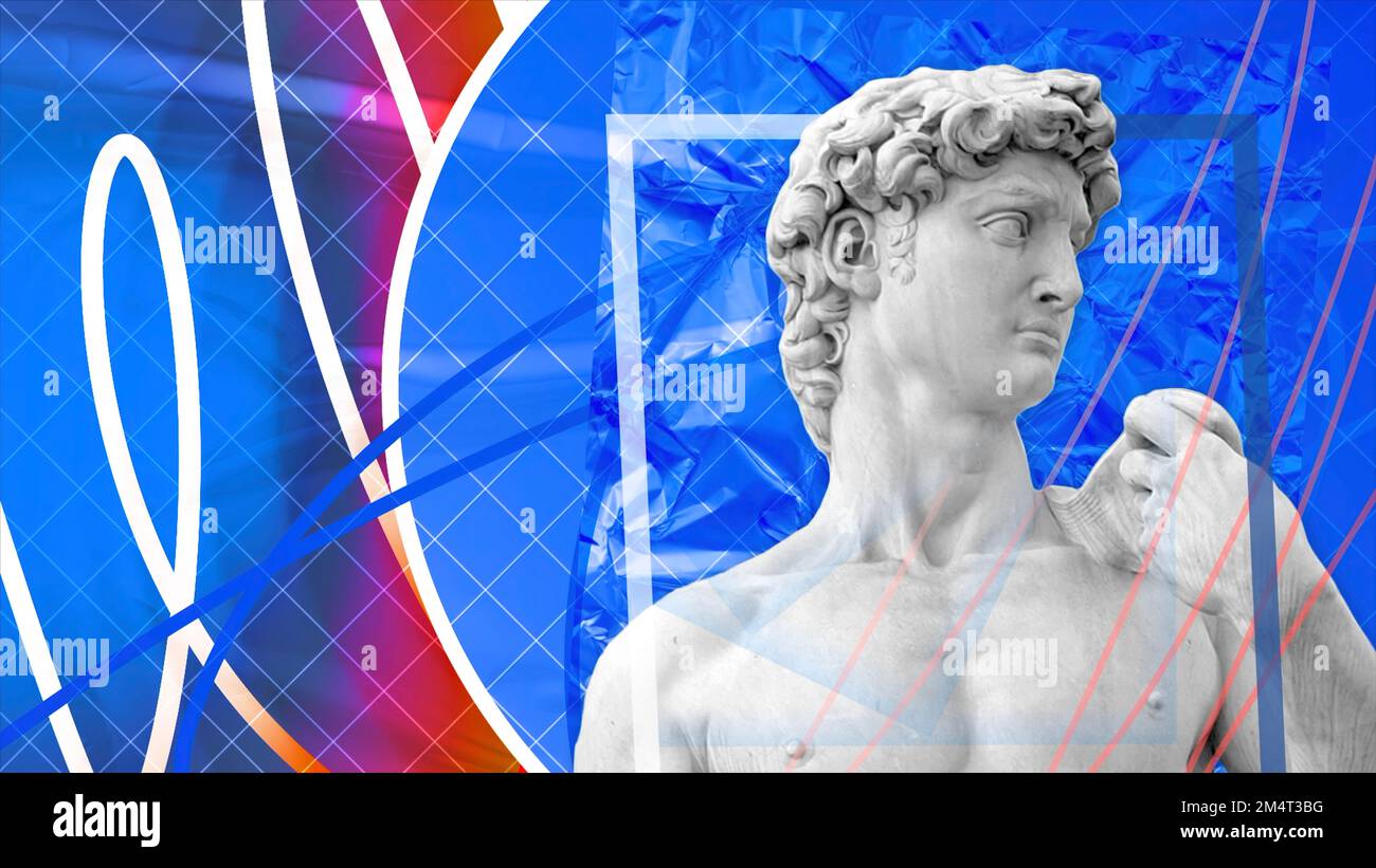 Classical antique sculpture of a man in white stone or marble. Motion ...