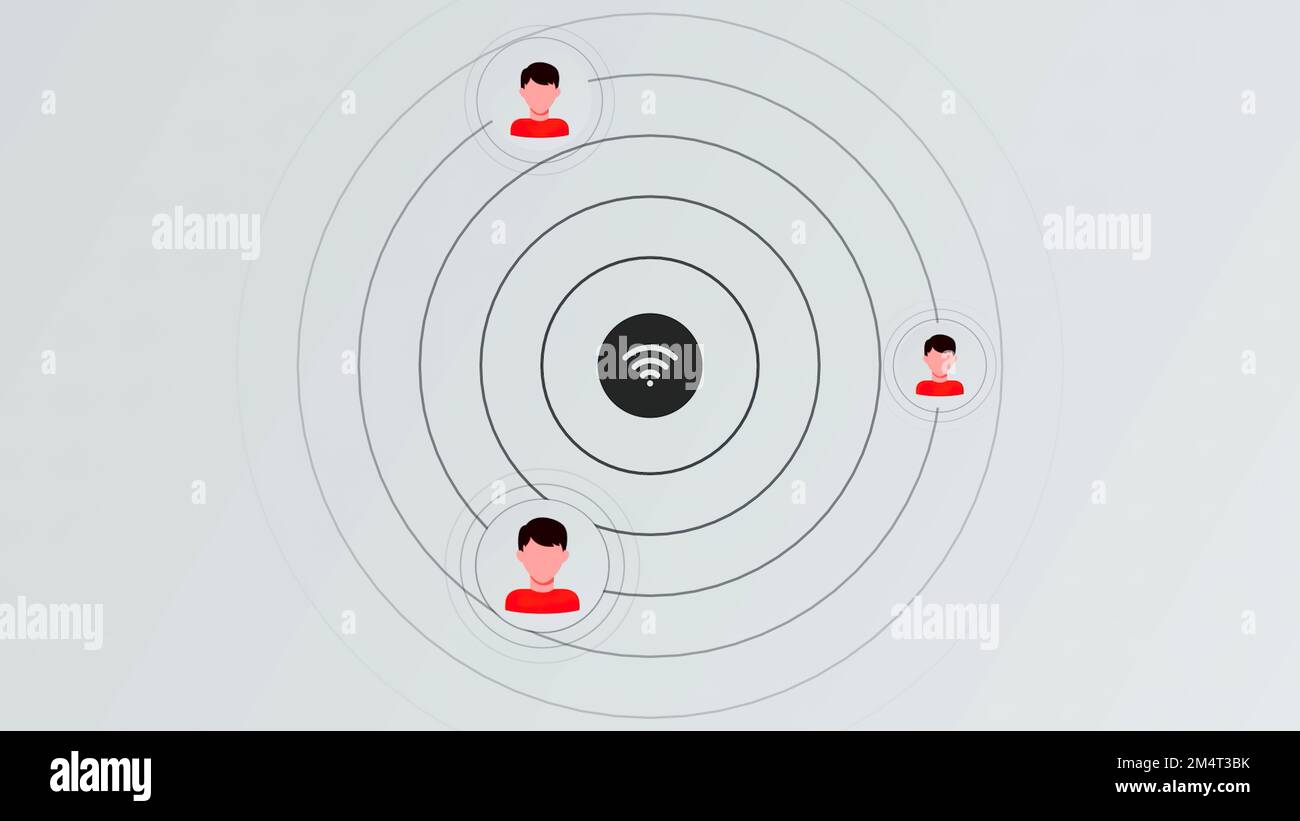 Abstract wifi icon spreading signal among icons of people. Motion ...