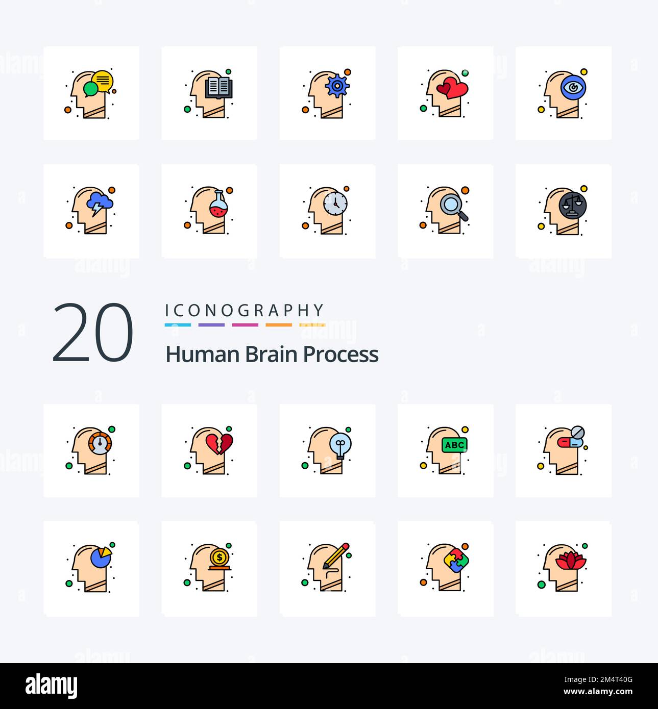 20 Human Brain Process Line Filled Color icon Pack like knowledge head ...