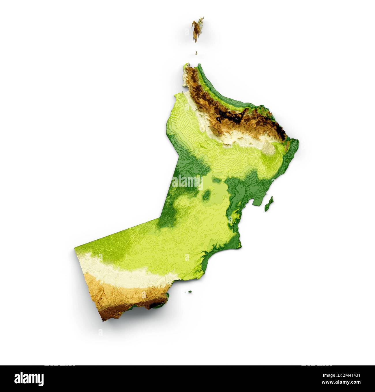 A 3d illustration of Oman Map Shaded relief Color Height map on White ...