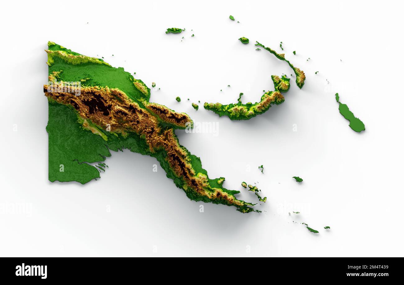 A 3D illustration of Papua New Guinea Map Shaded relief Color Height ...