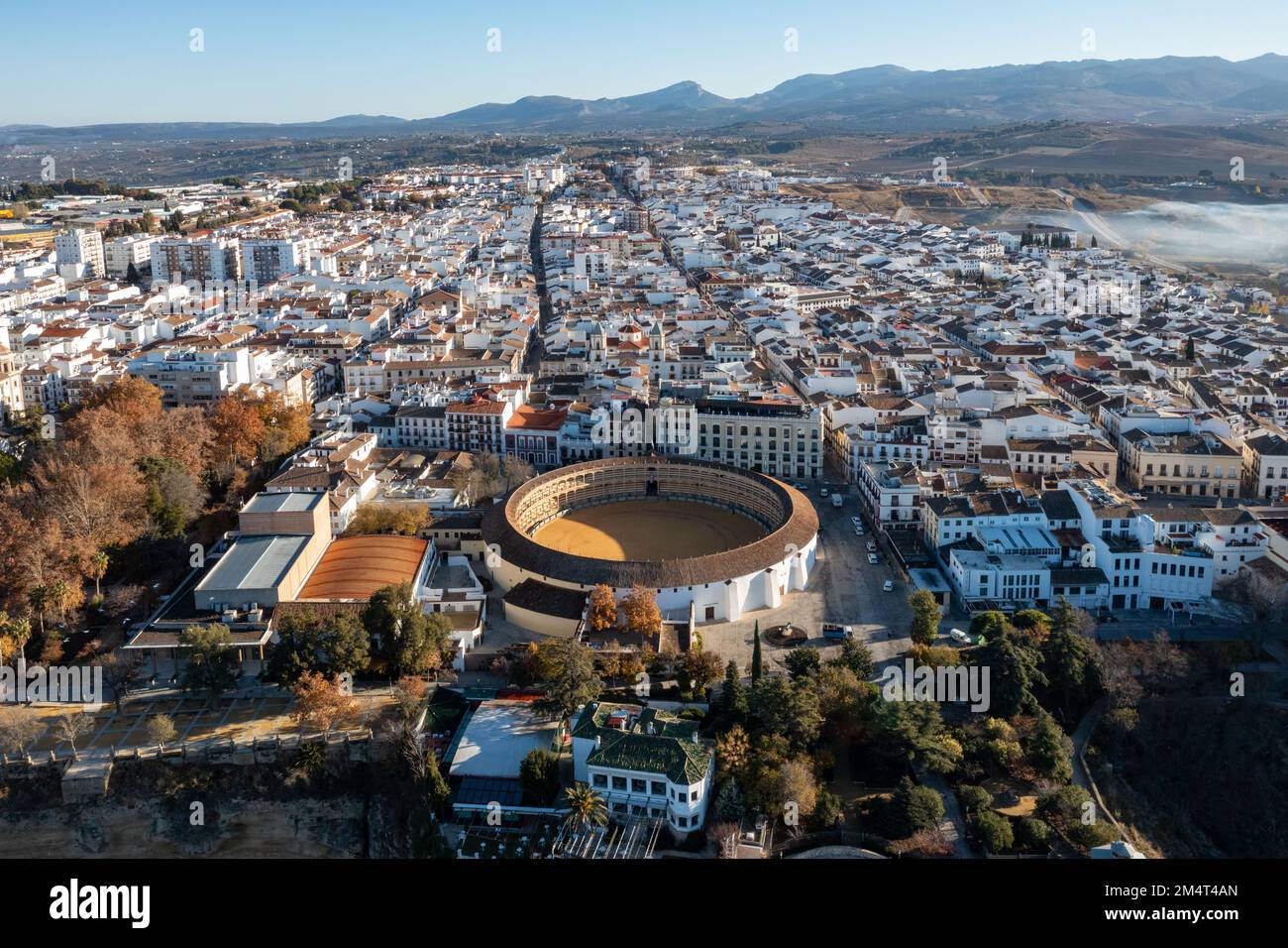 Bullring of the Royal Cavalry of Ronda aerial view at sunrise in Spain ...