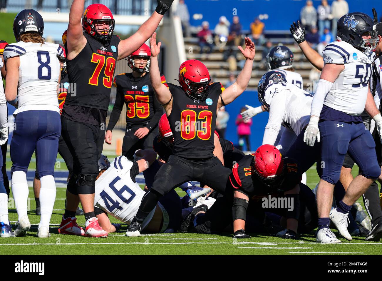 Ferris State Bulldogs TJ Railling (83) and Bryce George (79) celebrate ...