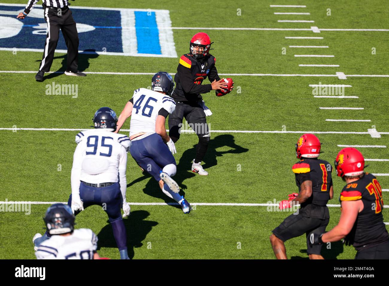 Ferris State Bulldogs quarterback Mylik Mitchell (0) makes a pass under ...