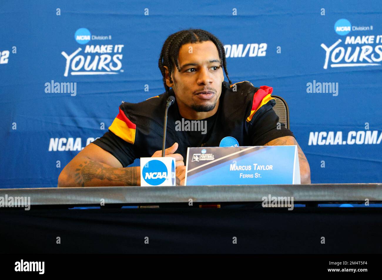 Ferris State Bulldogs Marcus Taylor (1) at the press conference after ...