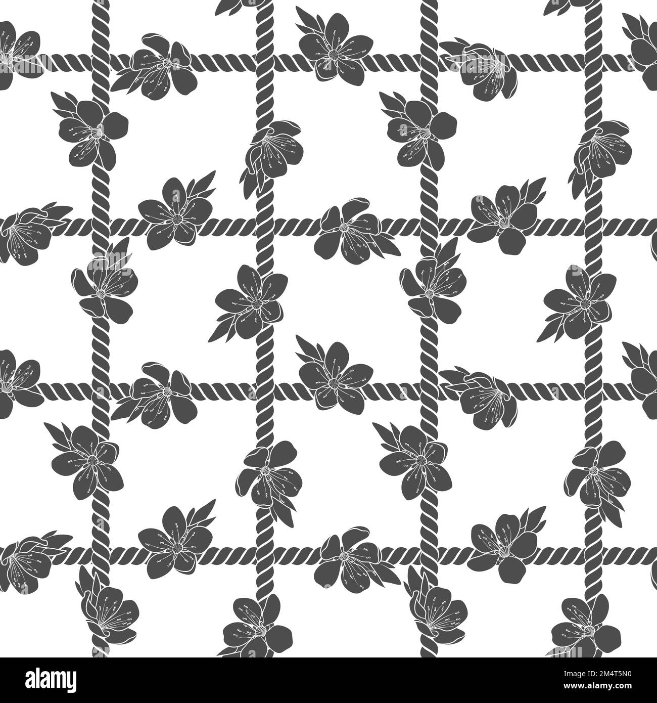 Seamless pattern with net of the cord and spring flowers. Black and white vector background on ...