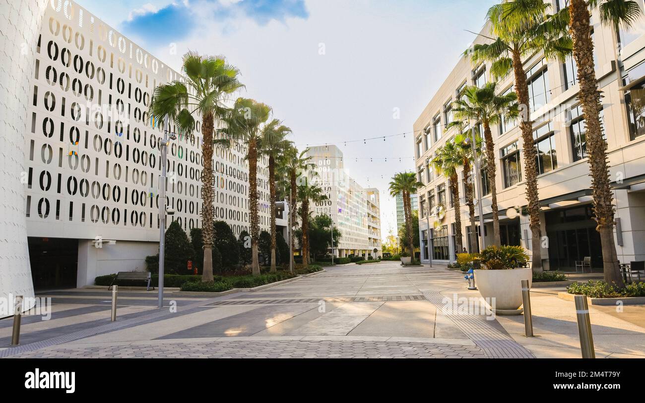 A scenic view of the Lake Nona Town center with modern buildings and ...