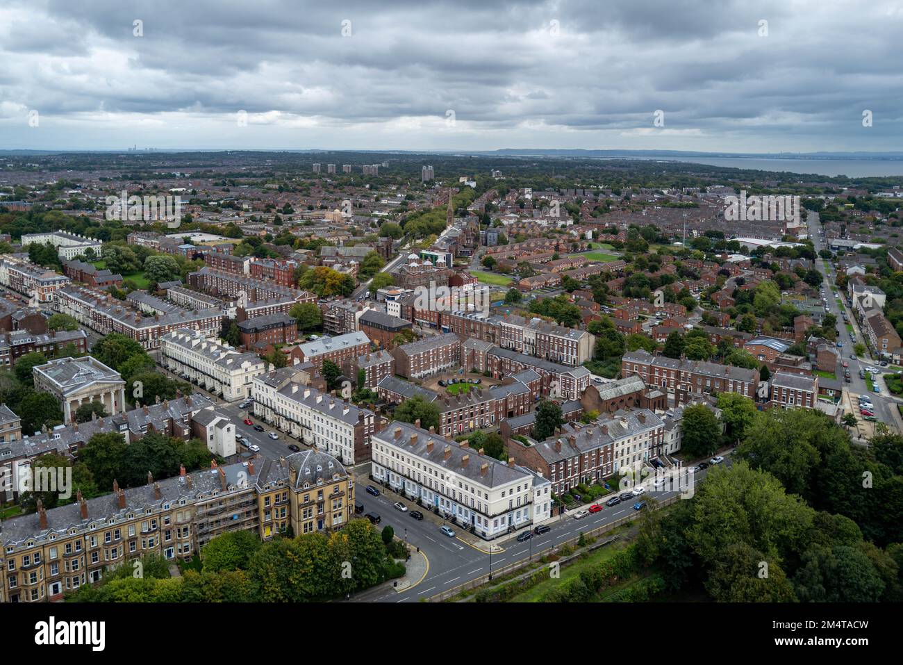 An aerial view of Liverpool city in the United Kingdom under a cloudy ...