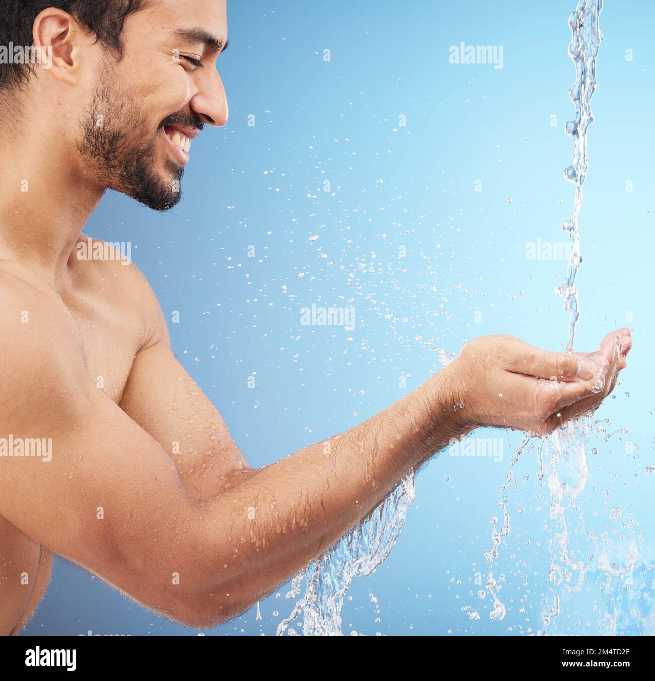 Water, hands or man in shower in studio cleaning body for wellness or ...