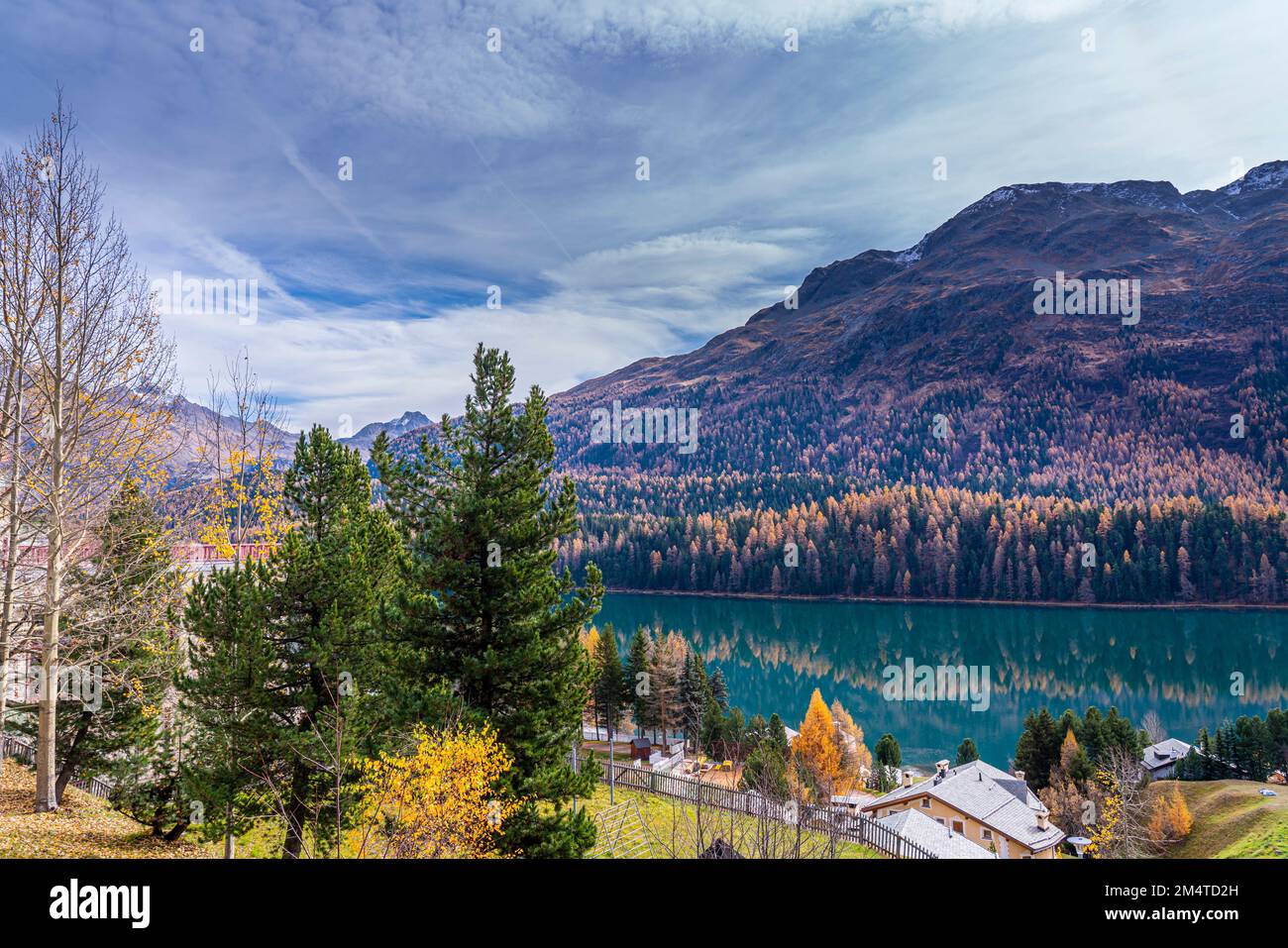 St. Moritz with Lake St. Moritz in autumn colours in Engadine ...
