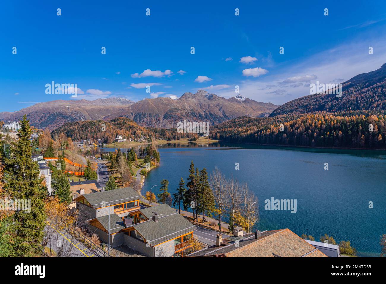 St. Moritz with Lake St. Moritz in autumn colours in Engadine ...