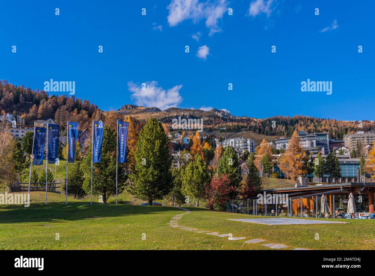 SANKT MORITZ, SWITZERLAND - OCTOBER 28,2022: Town view from St. Moritz ...