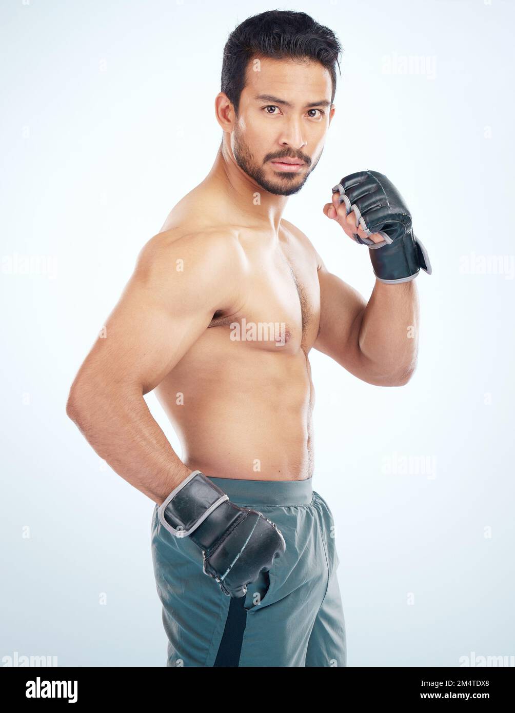 Face portrait, mma sports and man in studio on a blue background ...