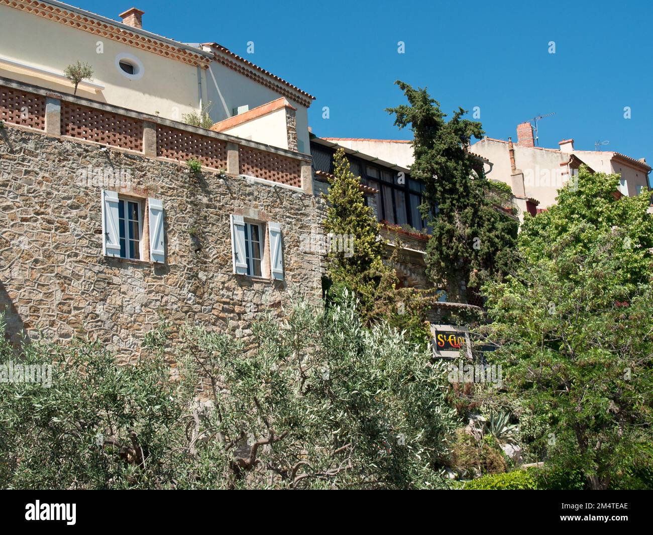 High trees in front of stone traditional houses with blue sky in Le ...