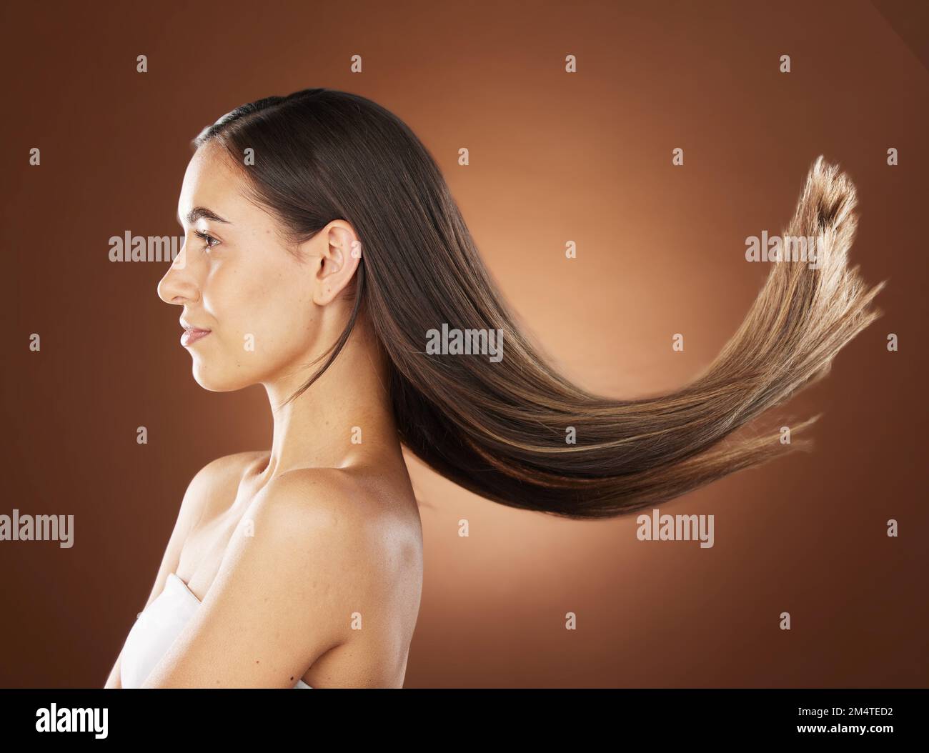 Hair, beauty and skincare with a model woman in studio on a brown ...