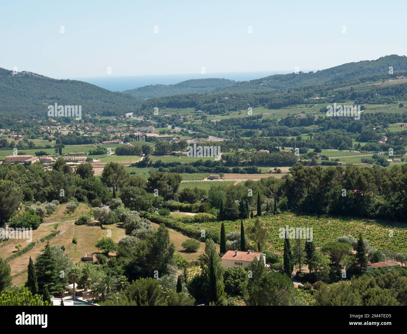 A landscape view of wood trees and green mountains in Le Castellet ...